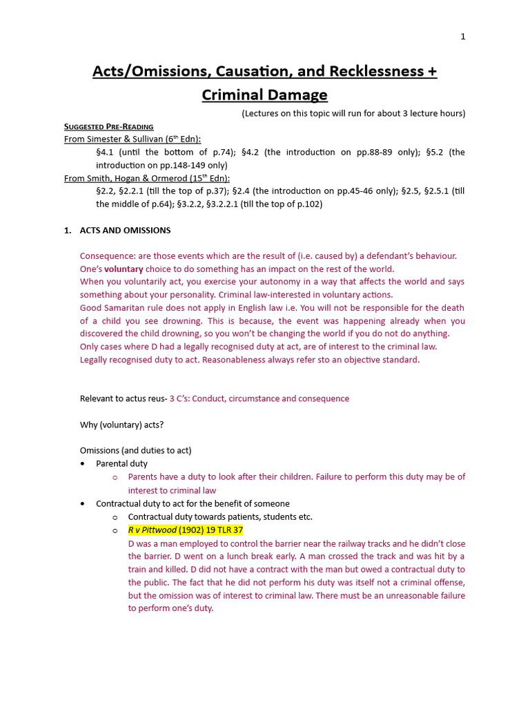 Acts and Omissions in Criminal Law | PDF | Recklessness (Law ...