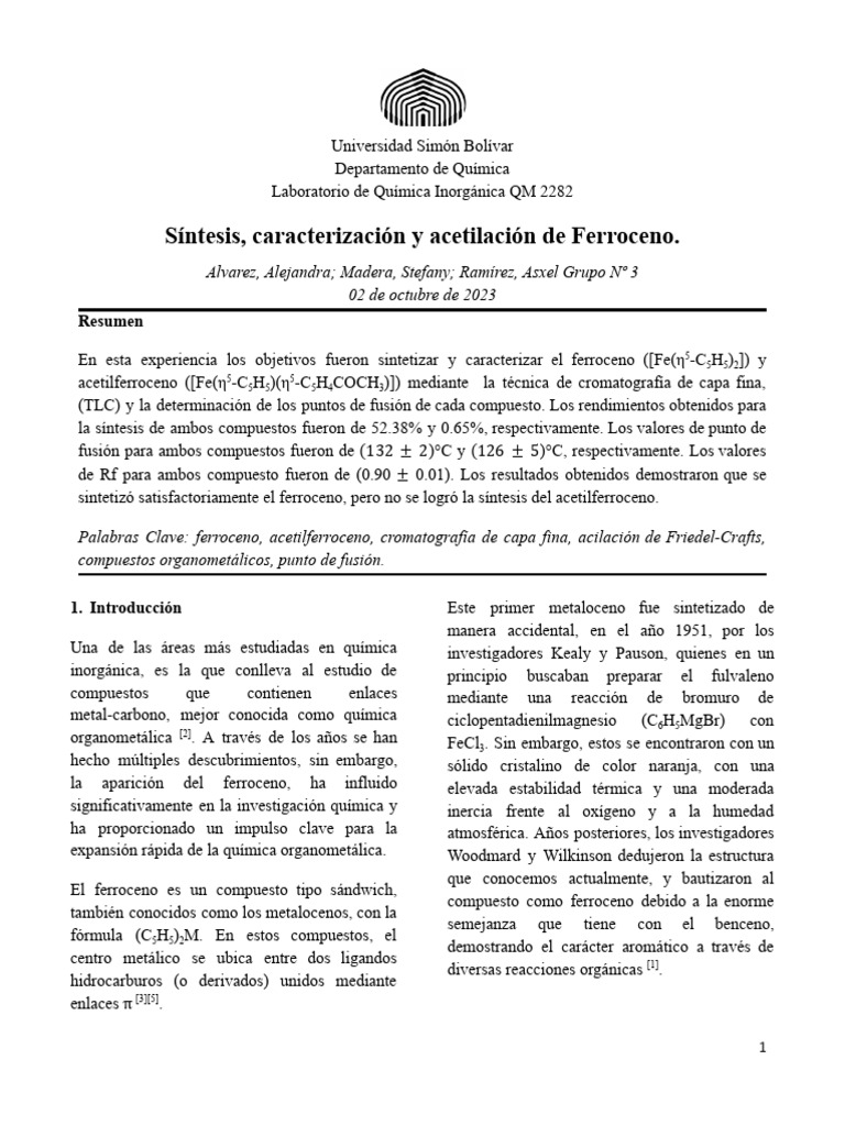 Síntesis y Caracterización de Ferroceno | PDF | Ligando | Enlace químico