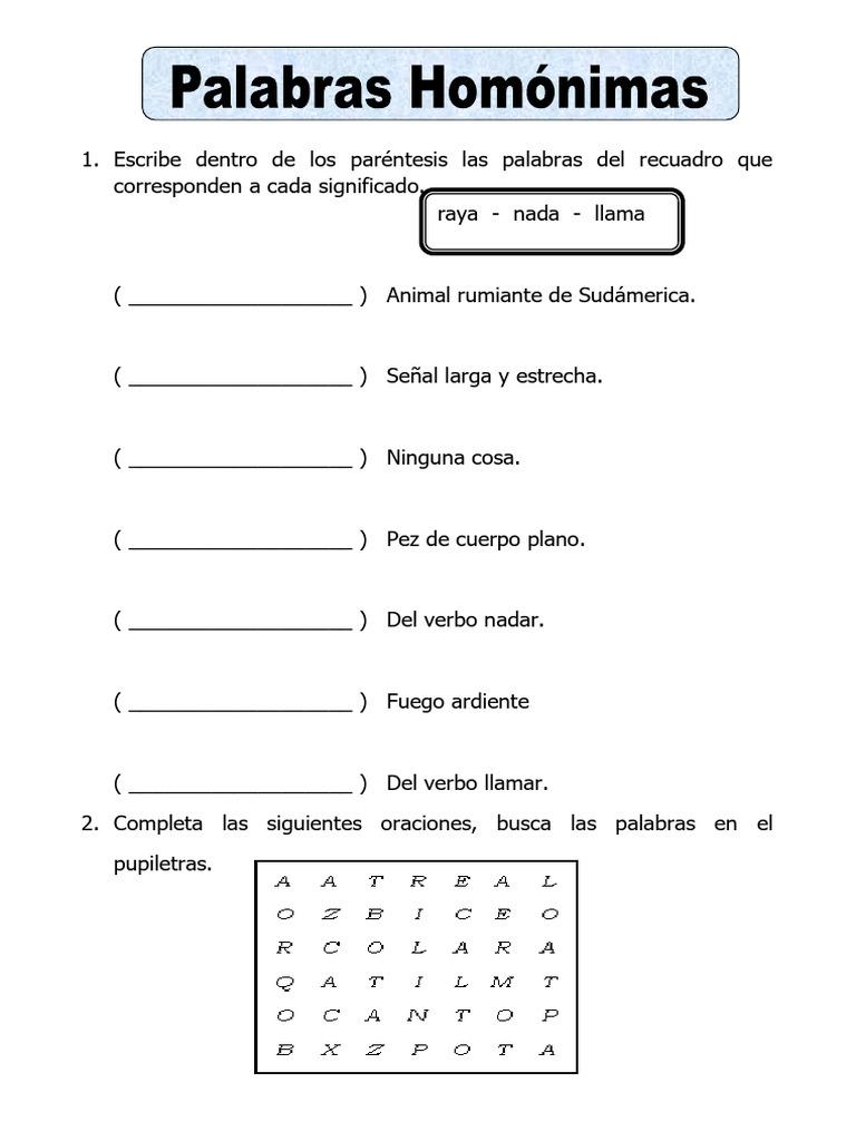 Ficha de Palabras Homonimas para Segundo de Primaria | PDF