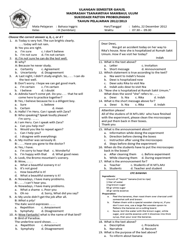 Soal Bahasa Inggris Ganjil IX | PDF | Earthquakes | Migraine
