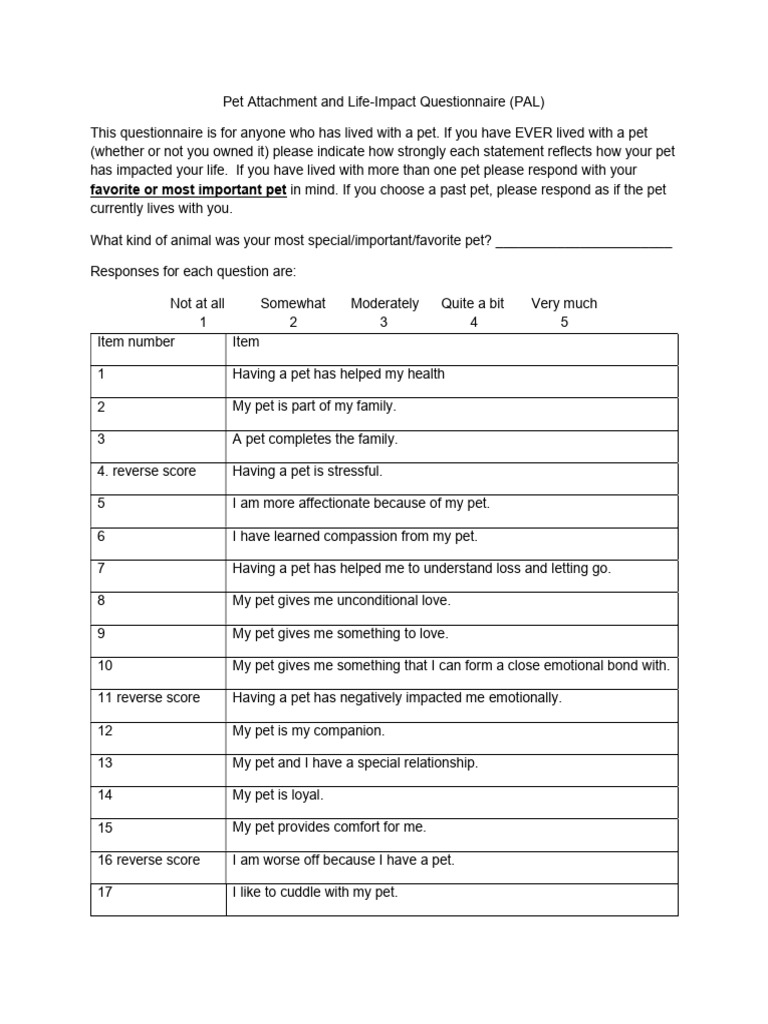Pals Questionnaire | PDF | Pet | Behavioural Sciences