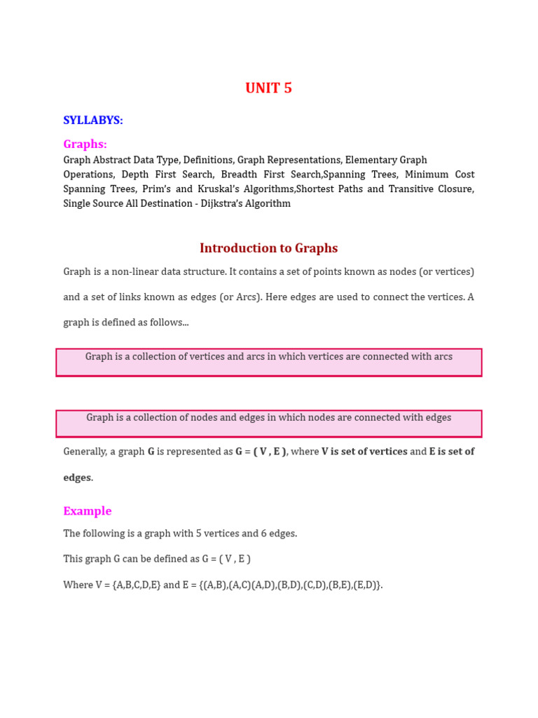 Ds Unit 5 (Graphs) | PDF | Vertex (Graph Theory) | Mathematical Concepts