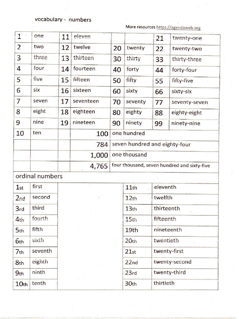 Vocabulary Numbers | PDF