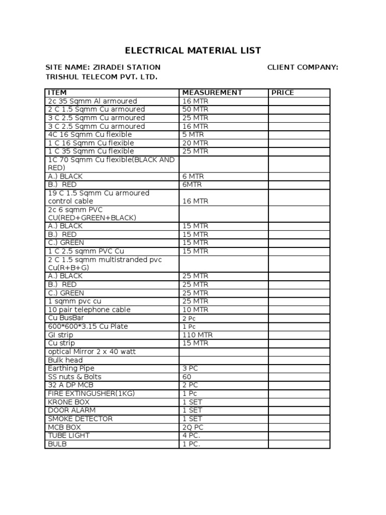 Electrical Material List | PDF | Technology & Engineering