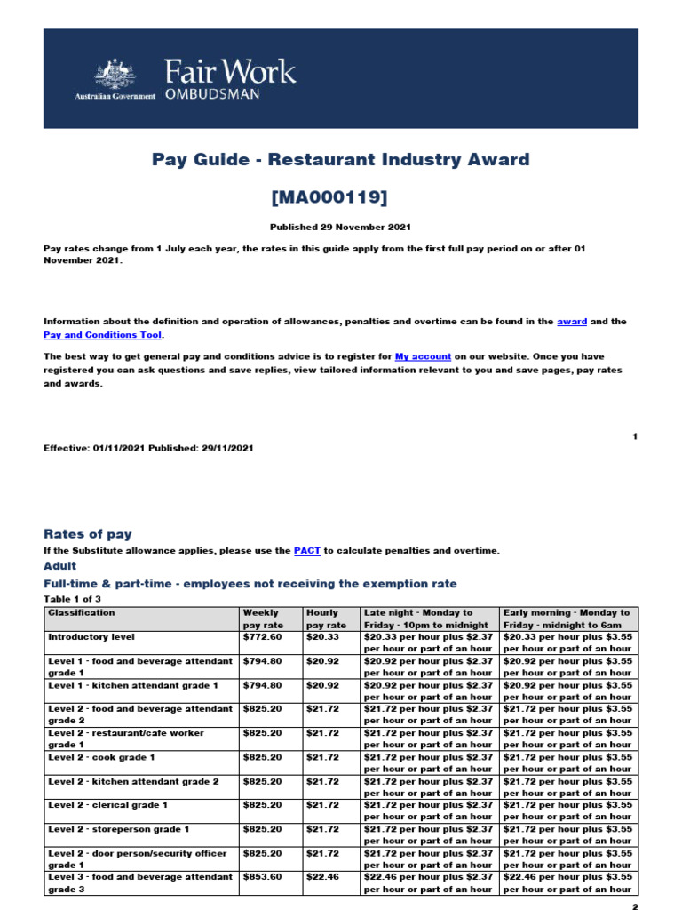 Restaurant Industry Award Ma000119 Pay Guide | PDF | Restaurants ... Restaurant Industry Award Ma000119 Pay Guide | PDF | Restaurants ...
