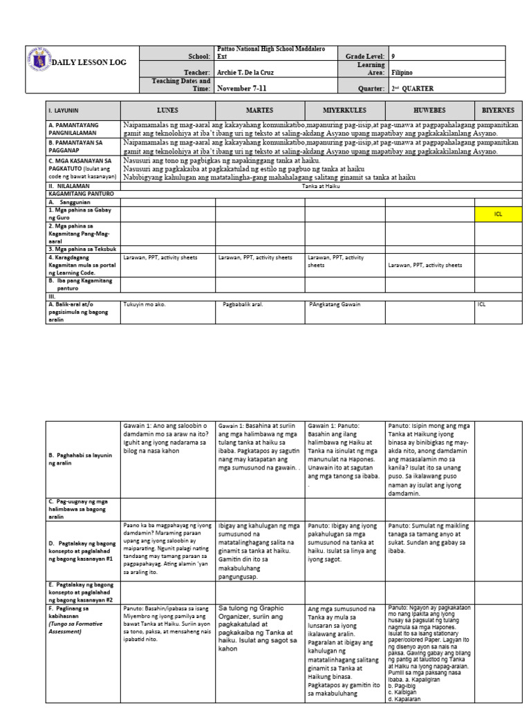 DAILY LESSON LOG Filipino 9 | PDF