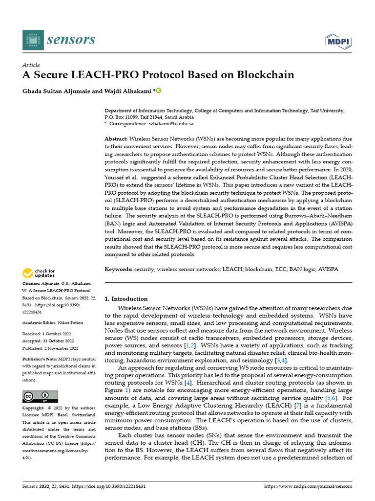 A Secure Leach Pro Protocol Based On Blockchain Pdf Wireless Sensor Network Computer Network