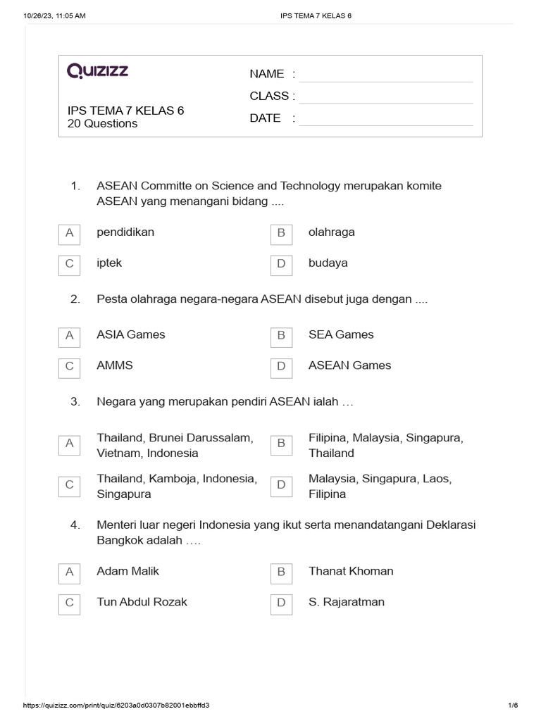 Soal IPS Tema 7 Kelas 6 ASEAN | PDF