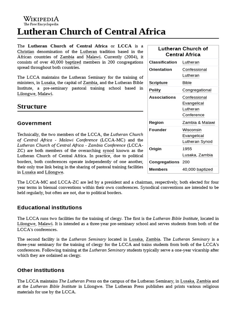 Lutheran Church of Central Africa | PDF | Lutheranism | Western ...