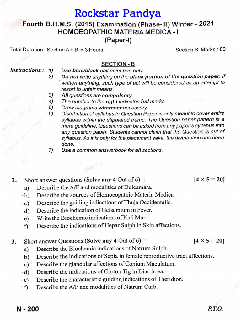 4th BHMS (2015) - 2021 - Winter - Question Paper | PDF