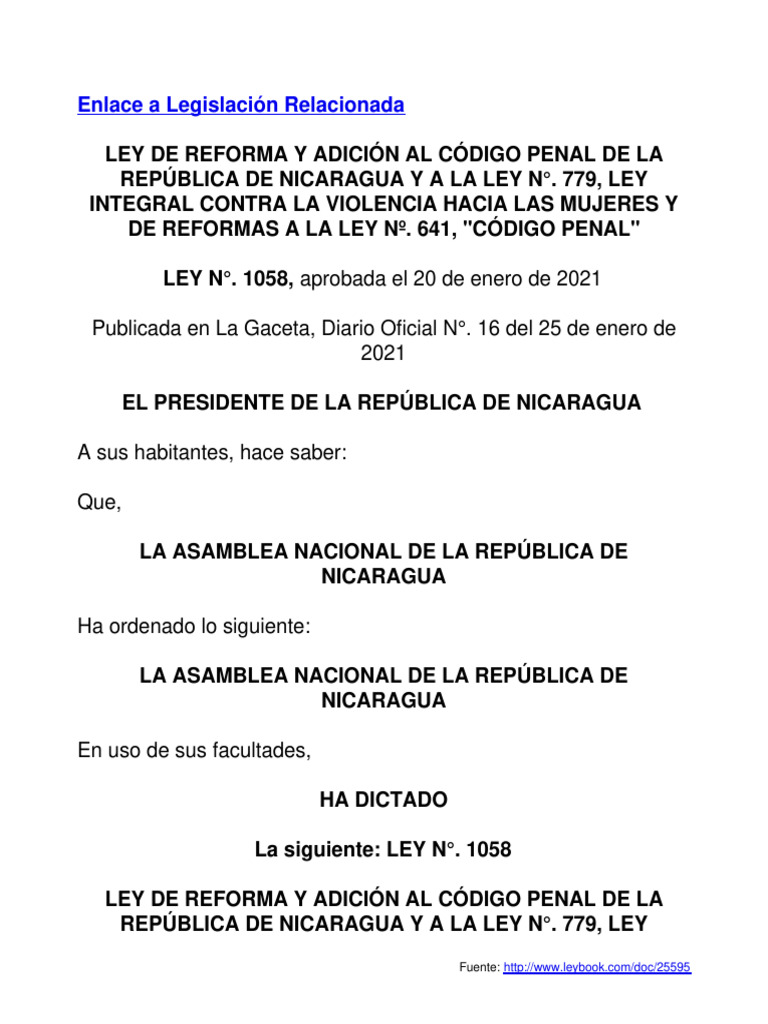 Ley de Reforma y Adicion Al Codigo Penal de La Republica de Nicaragua y ...