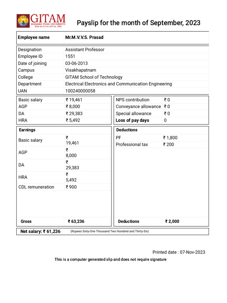 Gstaff - Gitam.edu PAYSLIP - Aspx | PDF