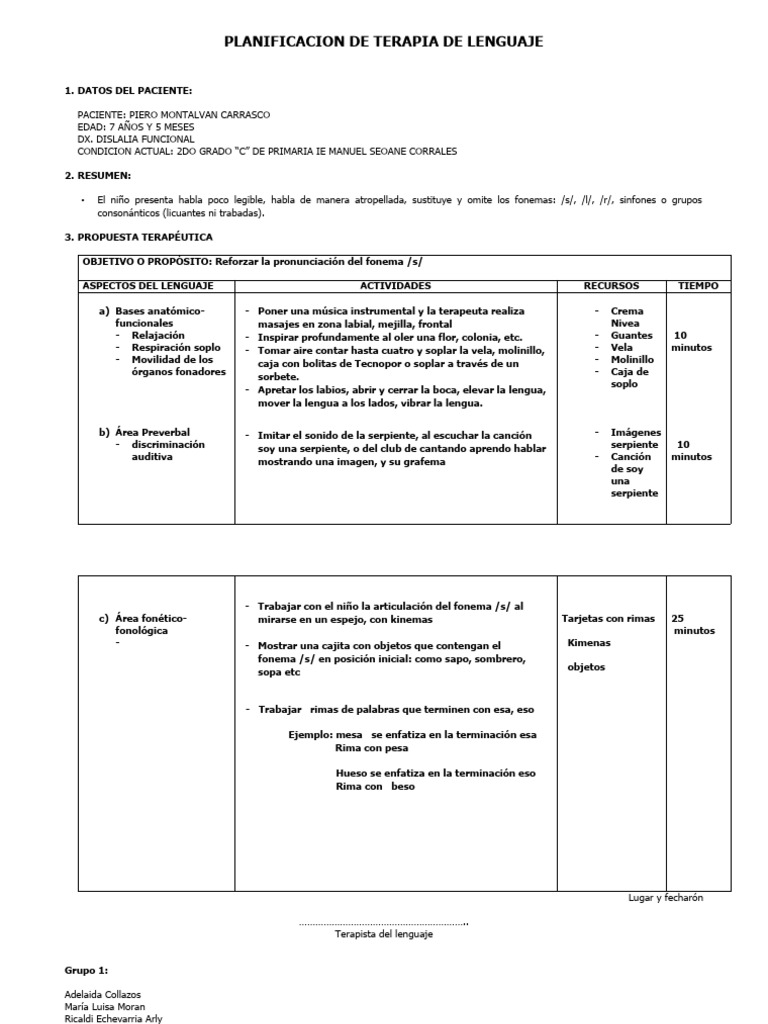 PLANIFICACION DE TERAPIA DE LENGUAJE 3 Grupo 1 | PDF | Fonema | Habla