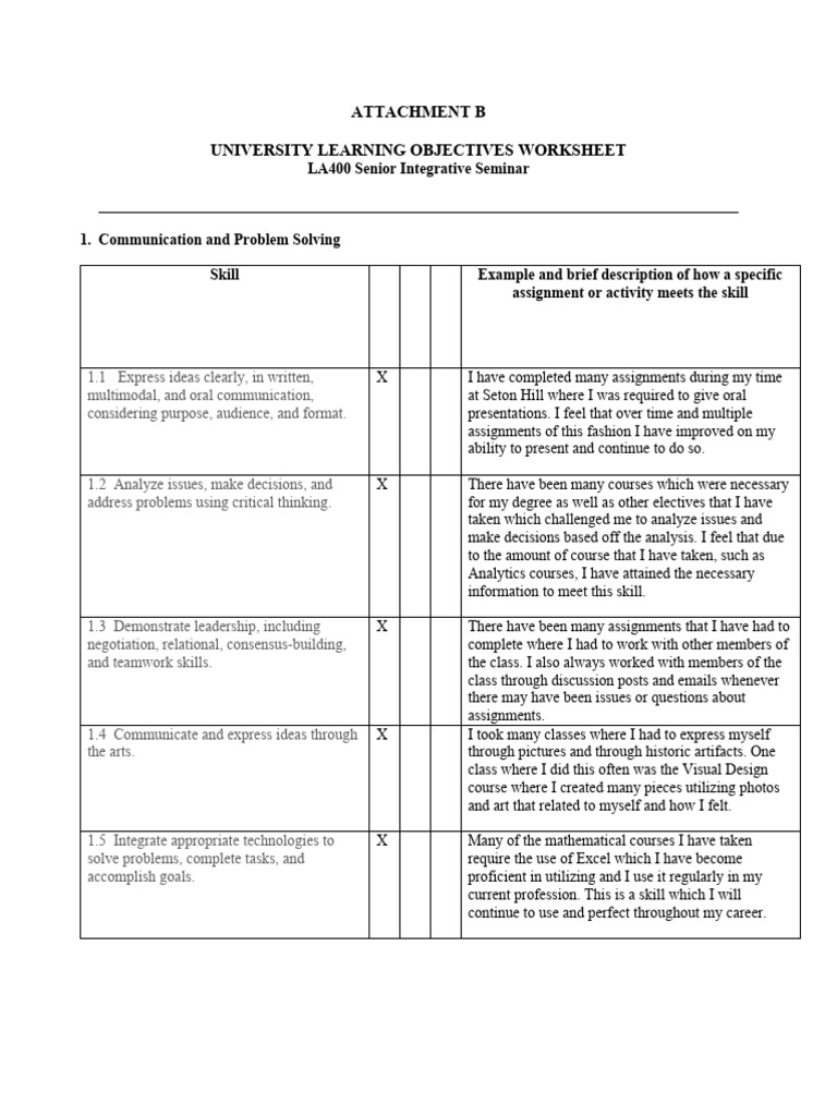 Attachment B University Learning Objectives Worksheet: LA400 Senior ...
