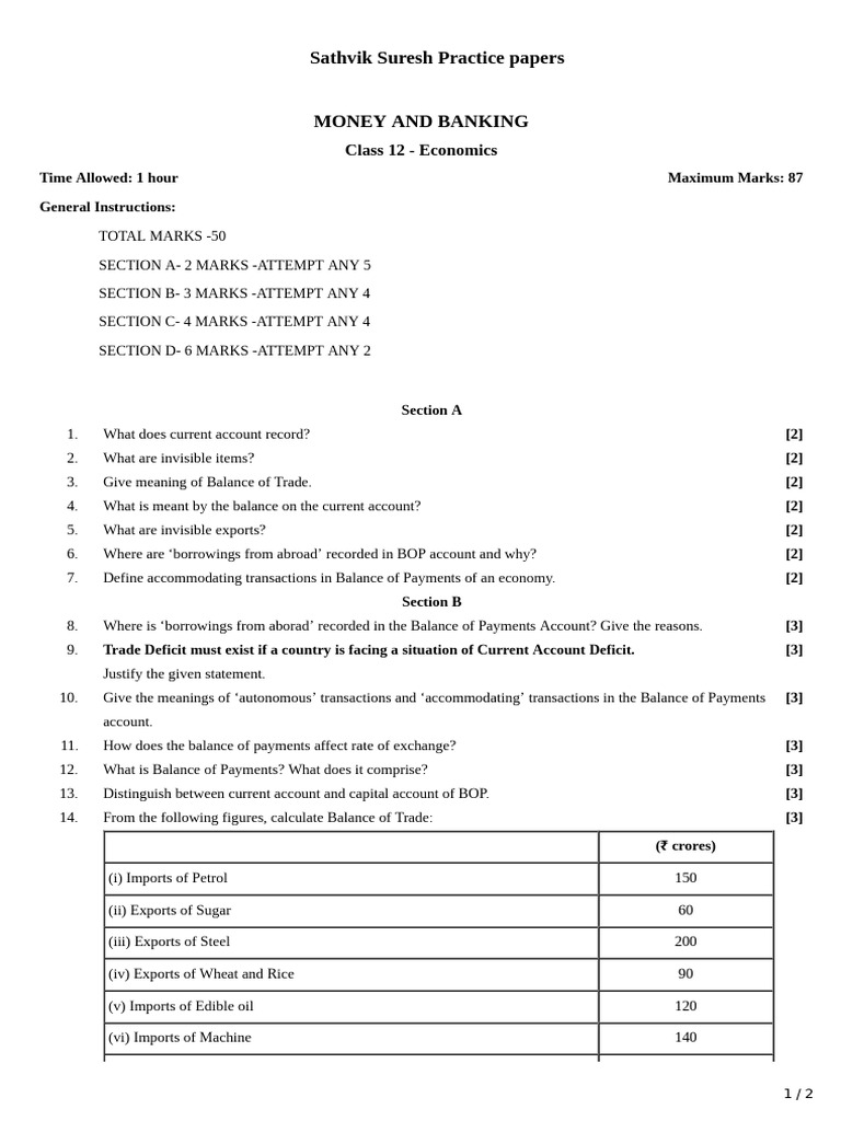 Class 12 BOP Exam Practice Questions | PDF | Balance Of Payments ...