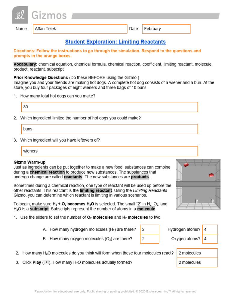 Affan Telek - Limiting Reactants Worksheet | PDF | Molecules | Chemical ...