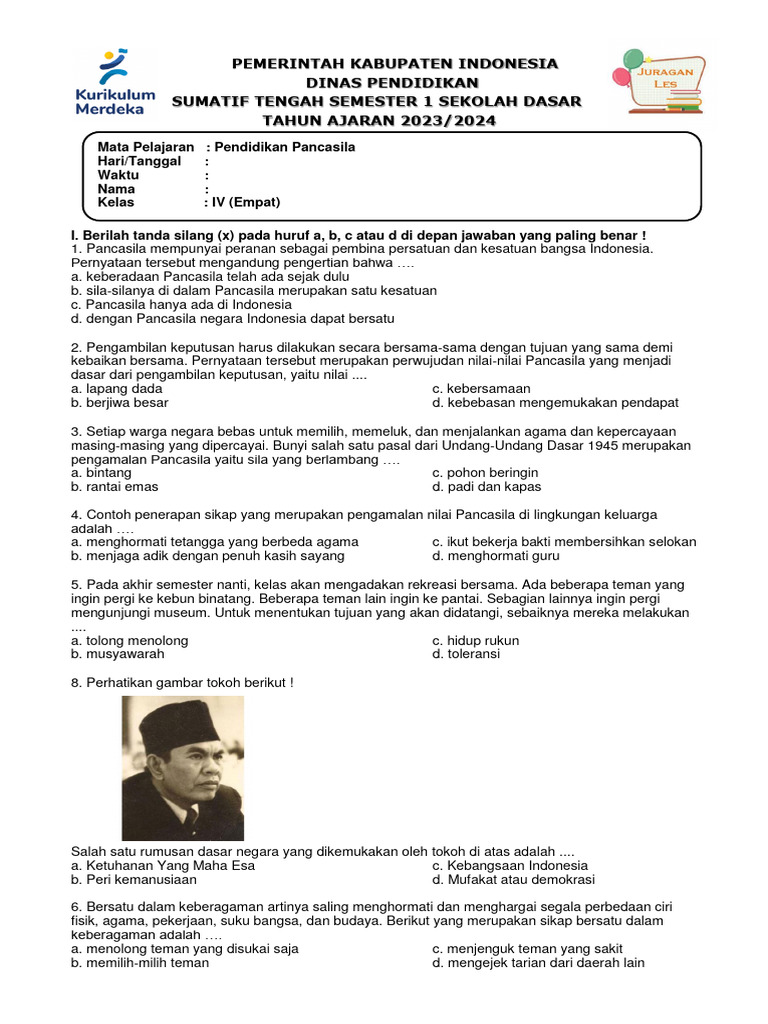 Soal PTS - STS Pendidikan Pancasila Kelas 4 Semester 1 Kurikulum Merdeka T.A 2023-2024 | PDF ...