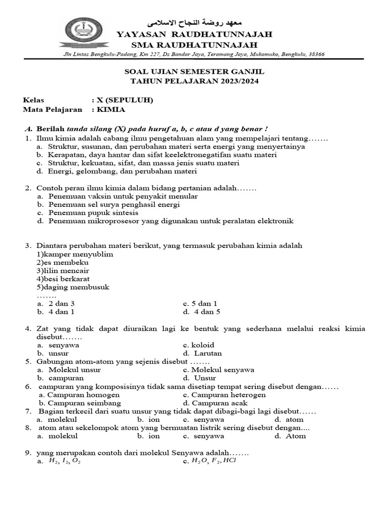 Uas Kimia (X) Semseter 1 | PDF