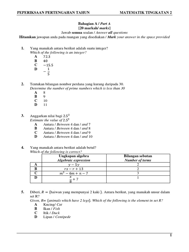 Matematik Ting 2 - 2022 | PDF