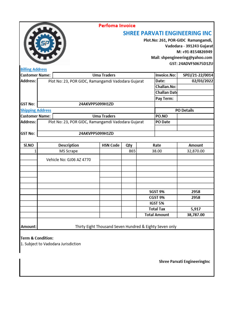 Perfoma Invoice Format for Billing | PDF