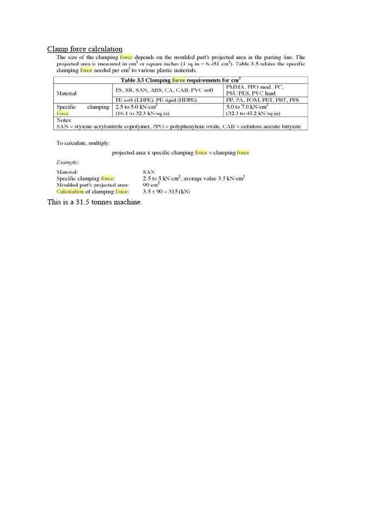 Clamp Force Calculation - Arburg Method - Simple | PDF