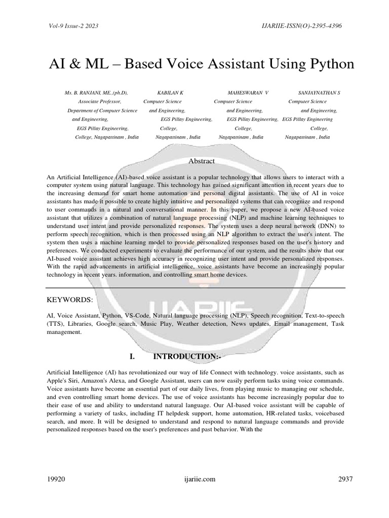 AI ML Based Voice Assistant Ijariie19920 | PDF | Speech Recognition | Artificial Intelligence