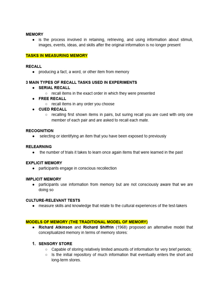 Lesson 4 Memory Models and Research Methods | PDF | Memory | Recall (Memory)