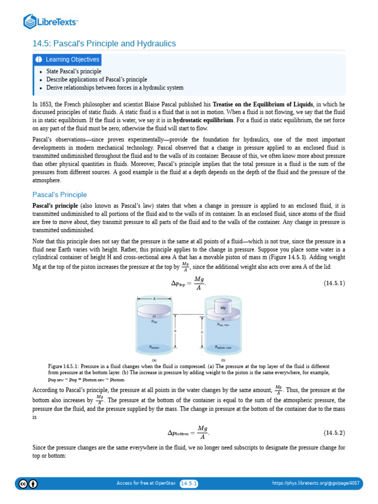 14.05 Pascal's Principle and Hydraulics | PDF | Pressure | Fluid