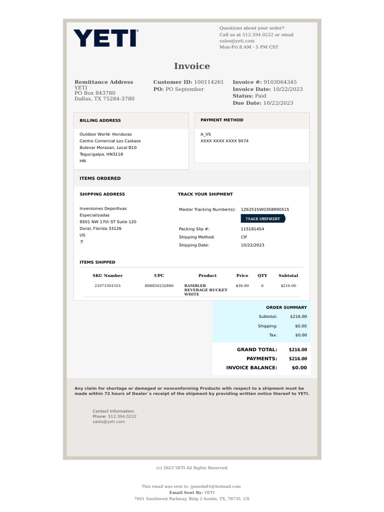 YETI Order Invoice and Shipping Details | PDF | Receipt | Financial ...