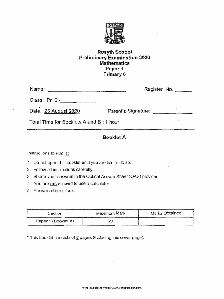 P6 Maths 2020 SA2 Rosyth Exam Paper | PDF