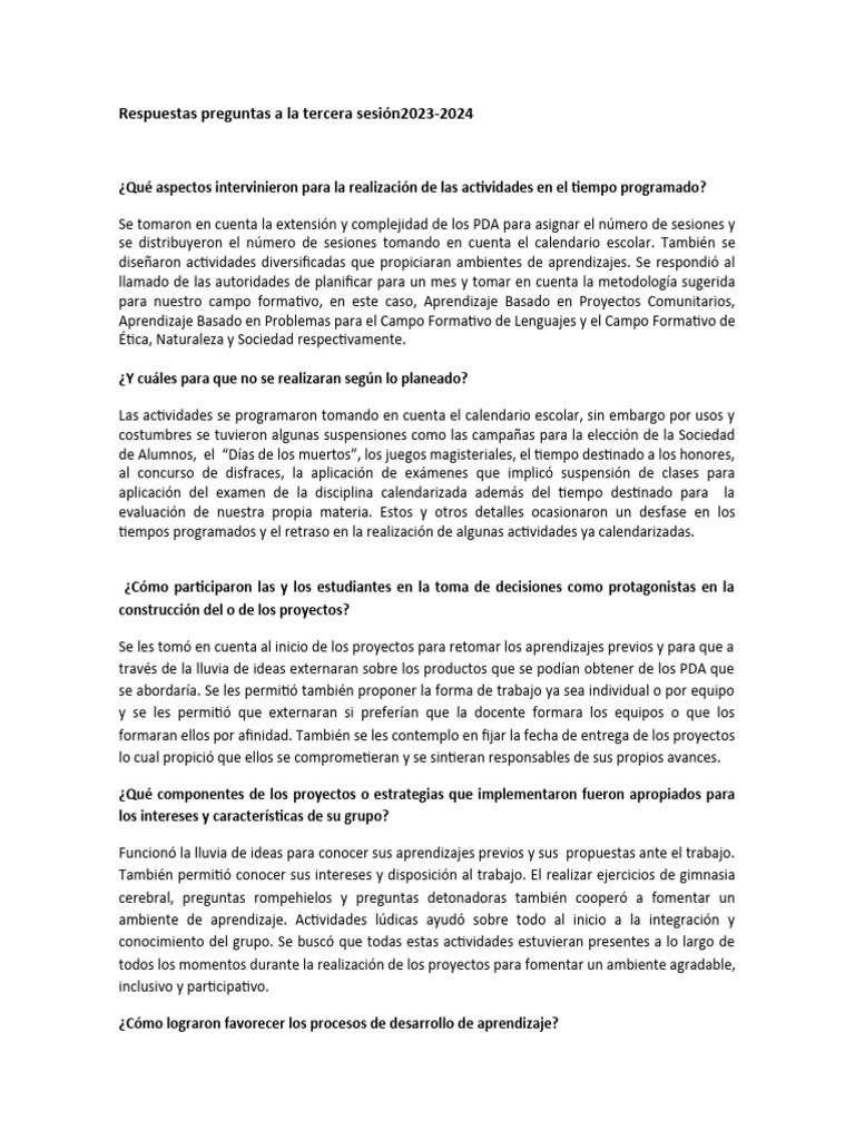 Respuestas Preguntas A La Tercera Sesión2023 | PDF | Evaluación | Aprendizaje