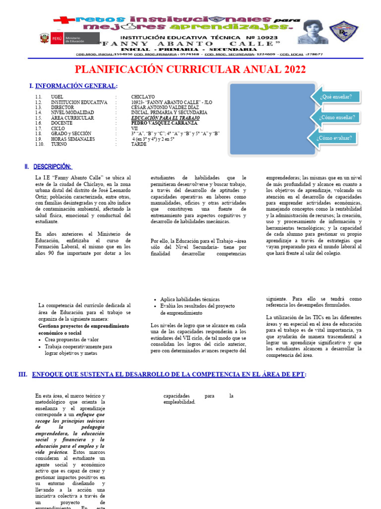 Planificación Curricular 2022 EPT Chiclayo | PDF | Aprendizaje ...
