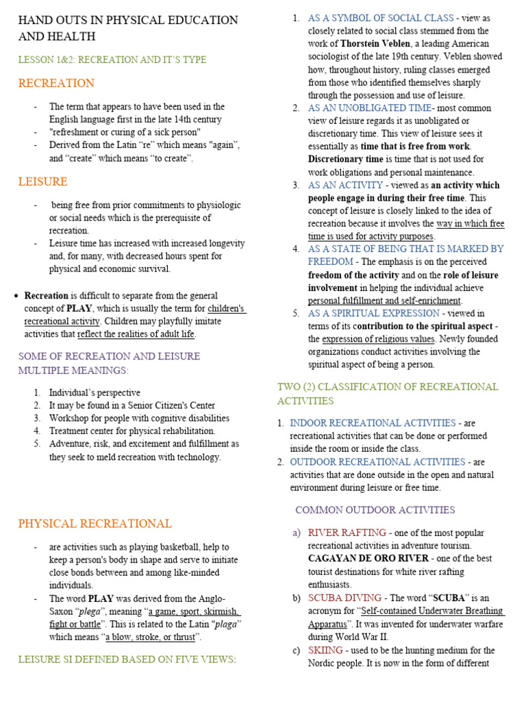 Hand Outs in Physical Education and Health | PDF | Recreation | Scuba ...