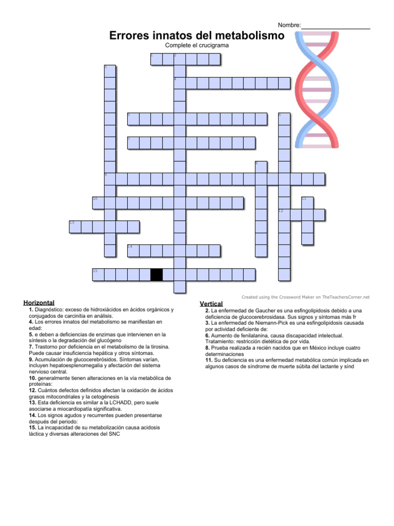 Crucigrama de Genética | PDF | Metabolismo | Enfermedades y trastornos