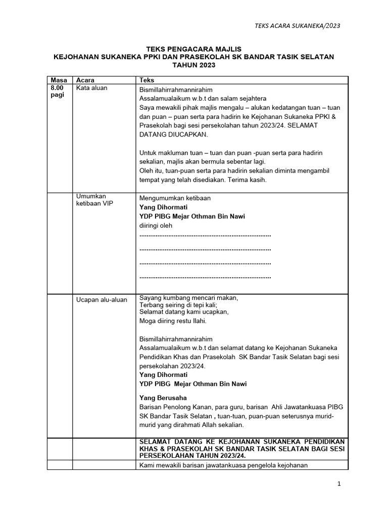 Teks Pengacara Sukaneka 2023 | PDF
