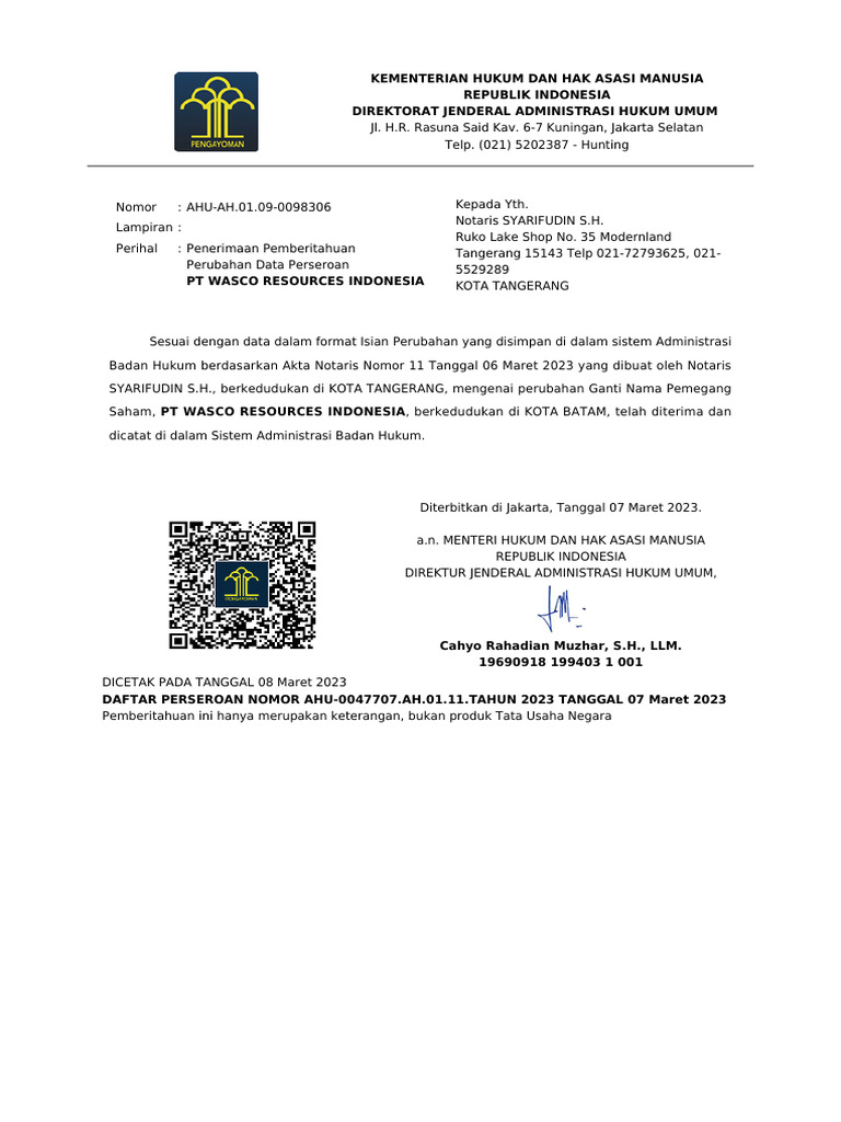 Pemberitahuan Perubahan Data PT Wasco | PDF