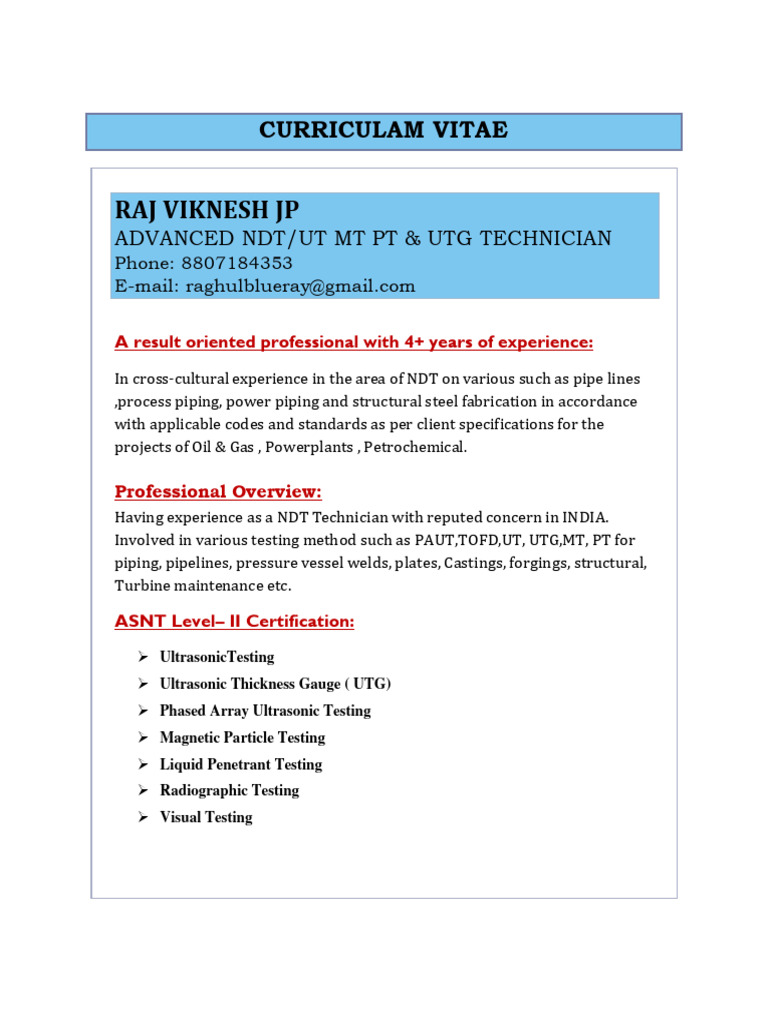 JP Raj Viknesh Advanced NDT CV | PDF | Nondestructive Testing | Pipe ...