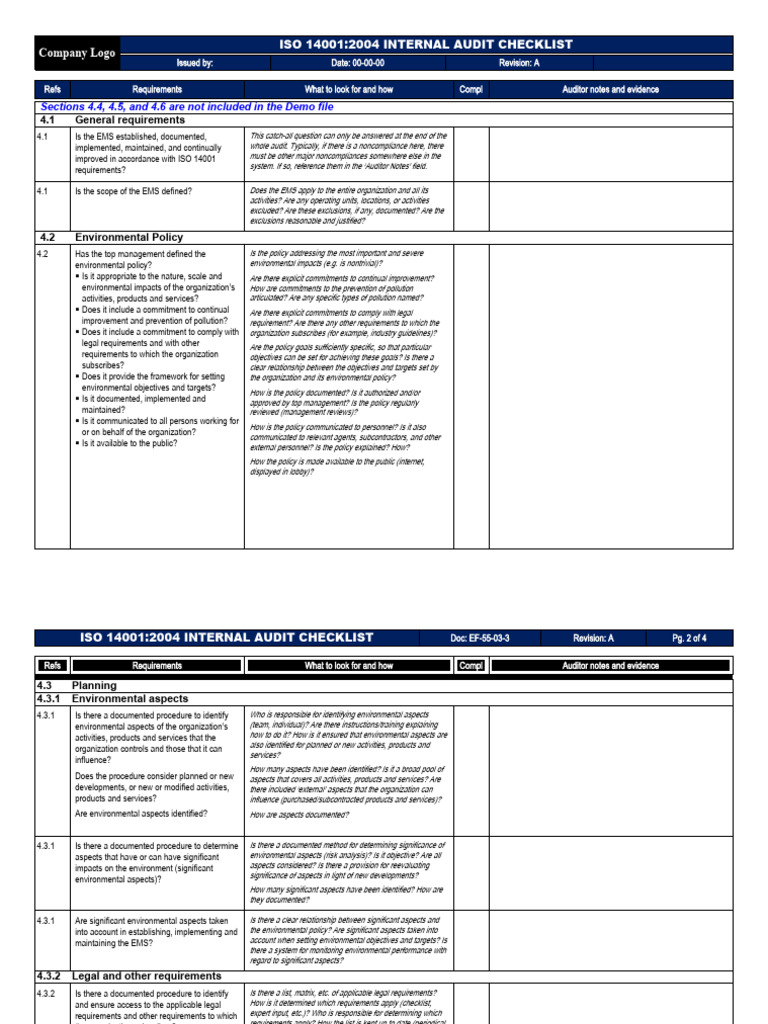 ISO 14001 Audit Checklist | Download Free PDF | Policy | Internal Audit