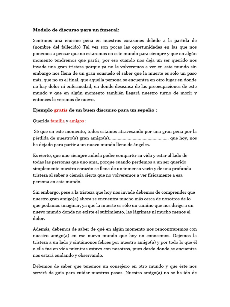Modelo de Discurso para Un Funeral | PDF | Muerte | Sufrimiento Modelo de Discurso para Un Funeral | PDF | Muerte | Sufrimiento