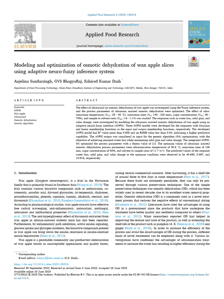 Sundarsingh Et Al. 2023. Modeling and Optimization of Osmotic Dehydration of Wax Apple Slices ...