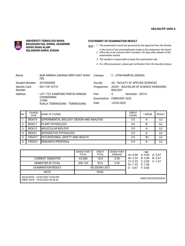 Transkrip Semasa - Nur Amirah Sakinah BT Mat Shah Fee | PDF ...