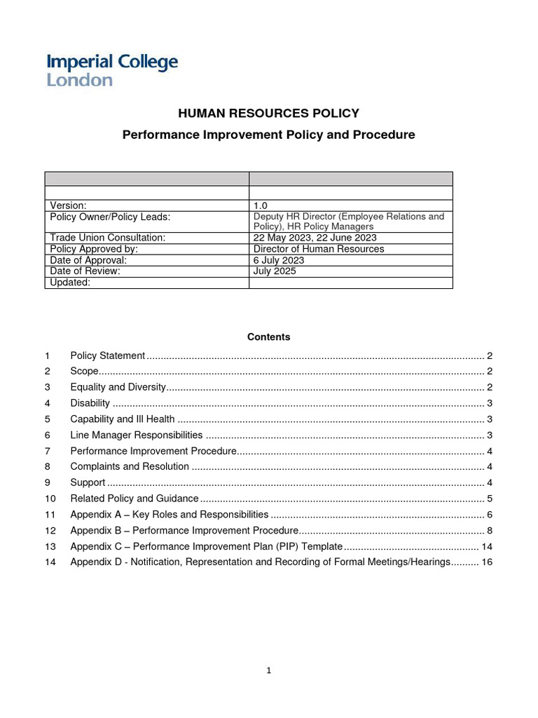 Performance Improvement Policy | PDF | Employment | Policy