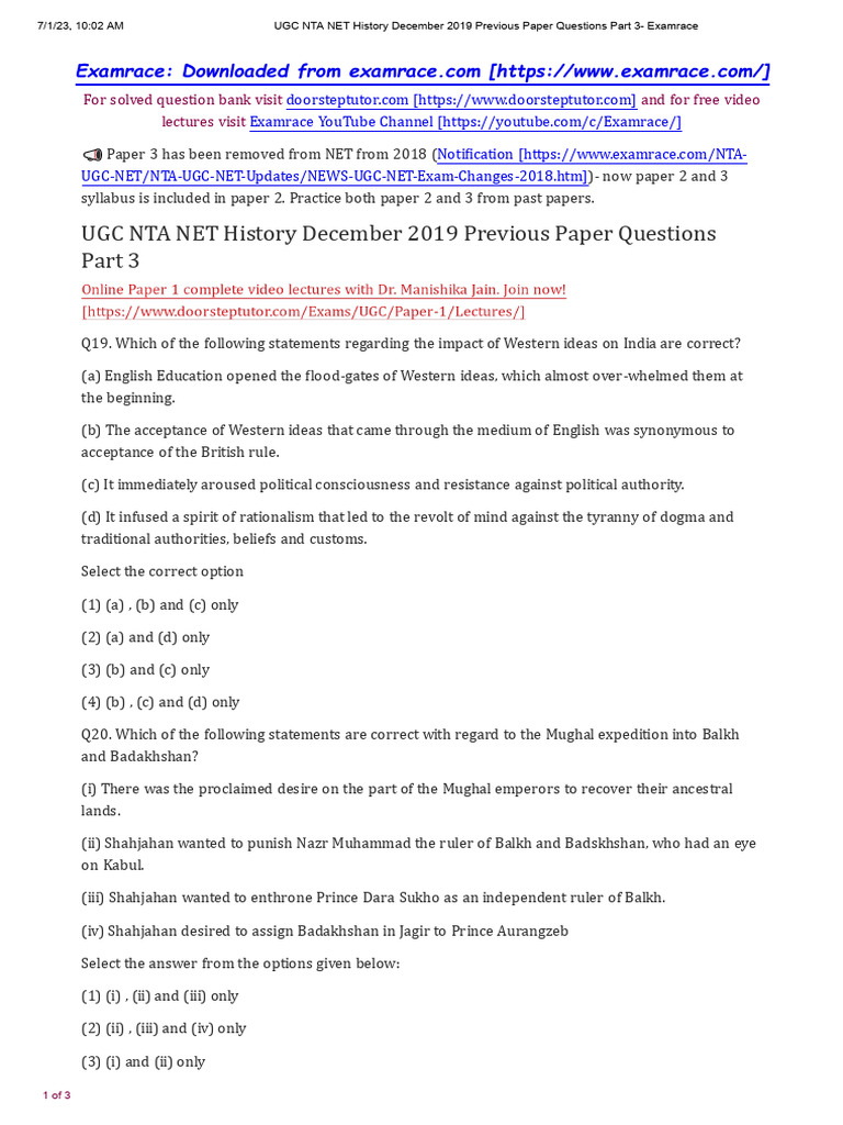 NTA NET History December 2019 Part 3 | PDF