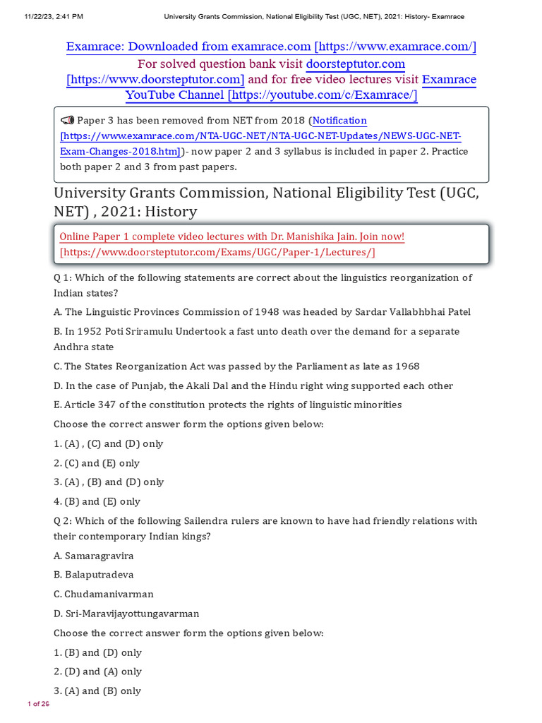 UGC NET History 2021 Paper | PDF | Politics | Travel