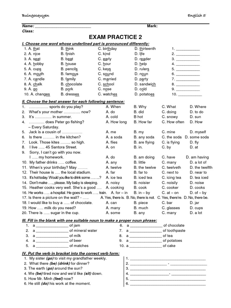 Exam Practice 2 | PDF | Meal | Foods