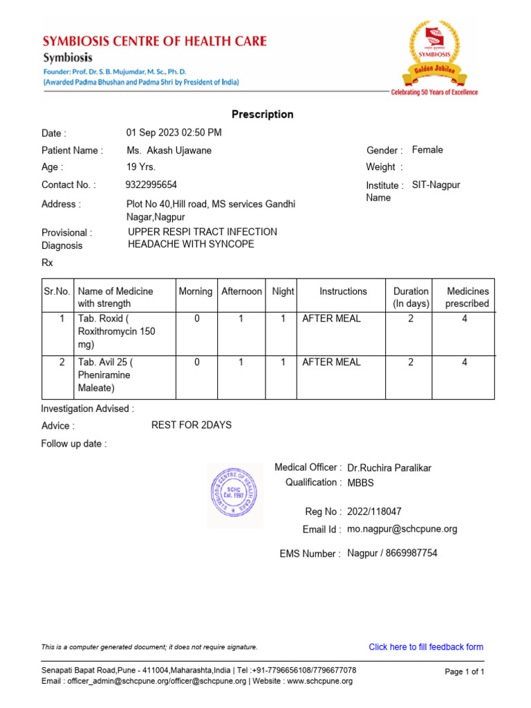 Prescription for Upper Respiratory Infection | PDF