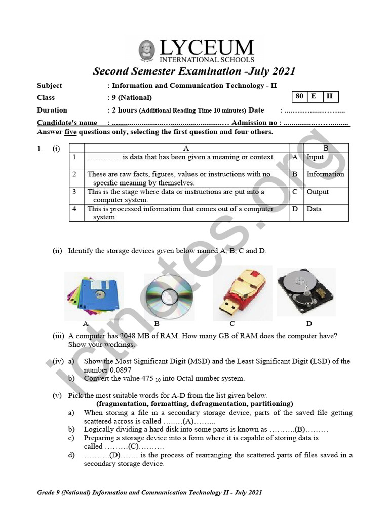 Grade 10 ICT English Medium Papers | PDF | Computer Data Storage ...