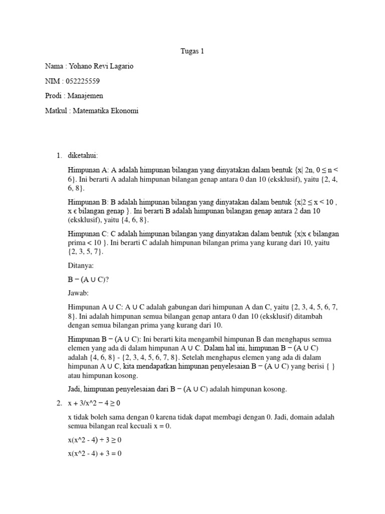 Tugas 1 Matematika Ekonomi | PDF | Sains & Matematika