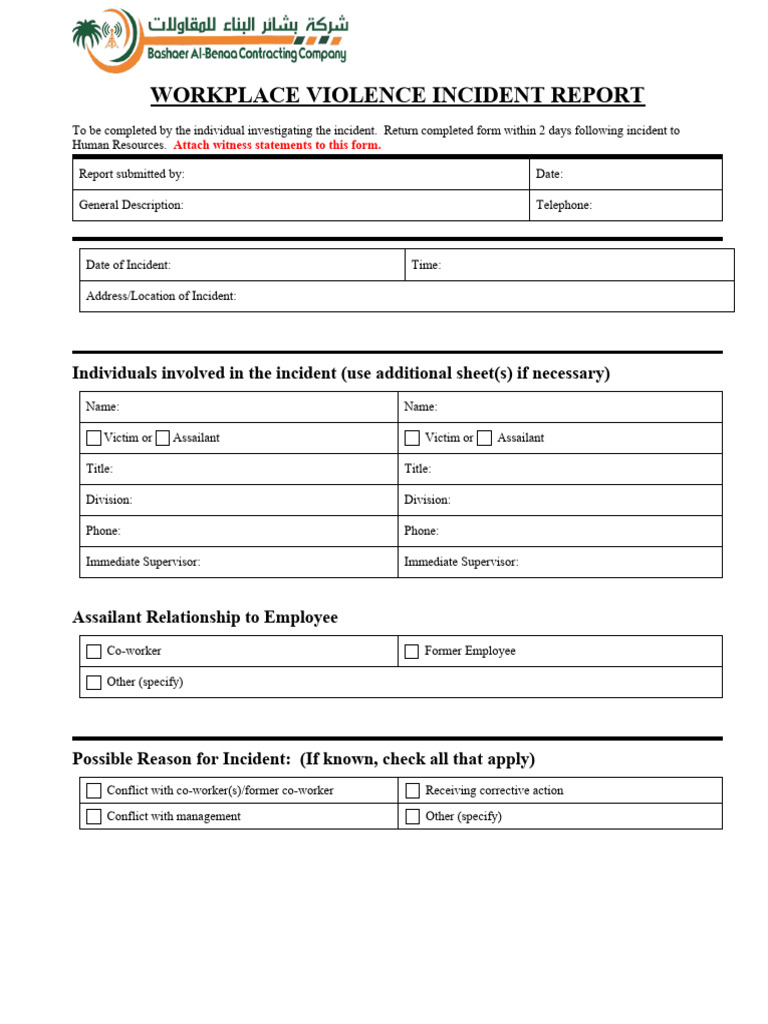 Workplace Violence Incident Report Form | PDF | Sexual Harassment | Assault