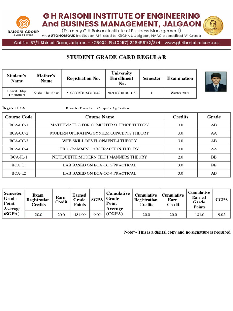 BCA Student Grade Report | PDF